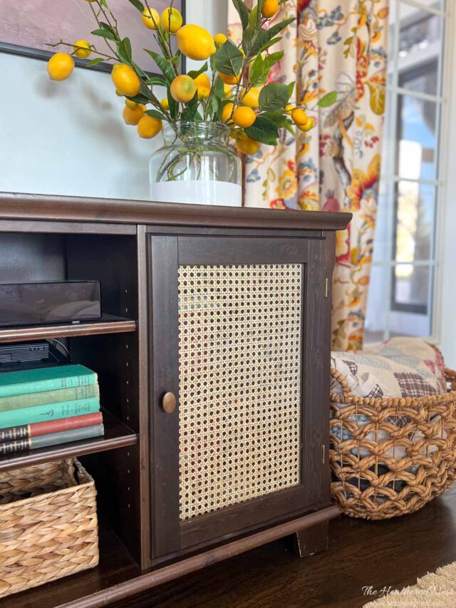 Easy DIY Cane Cabinet Doors IKEA TV Stand Makeover - The Heathered Nest